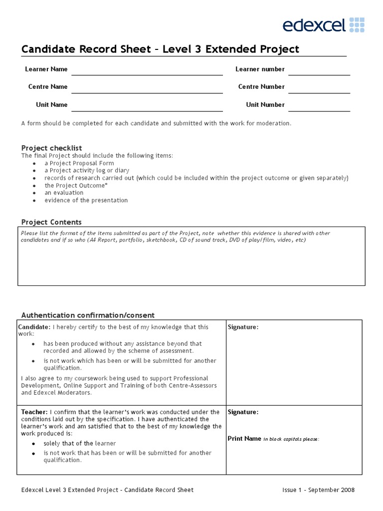 Candidate Record Sheet - Level 3 Extended Project | PDF | Cognition ...