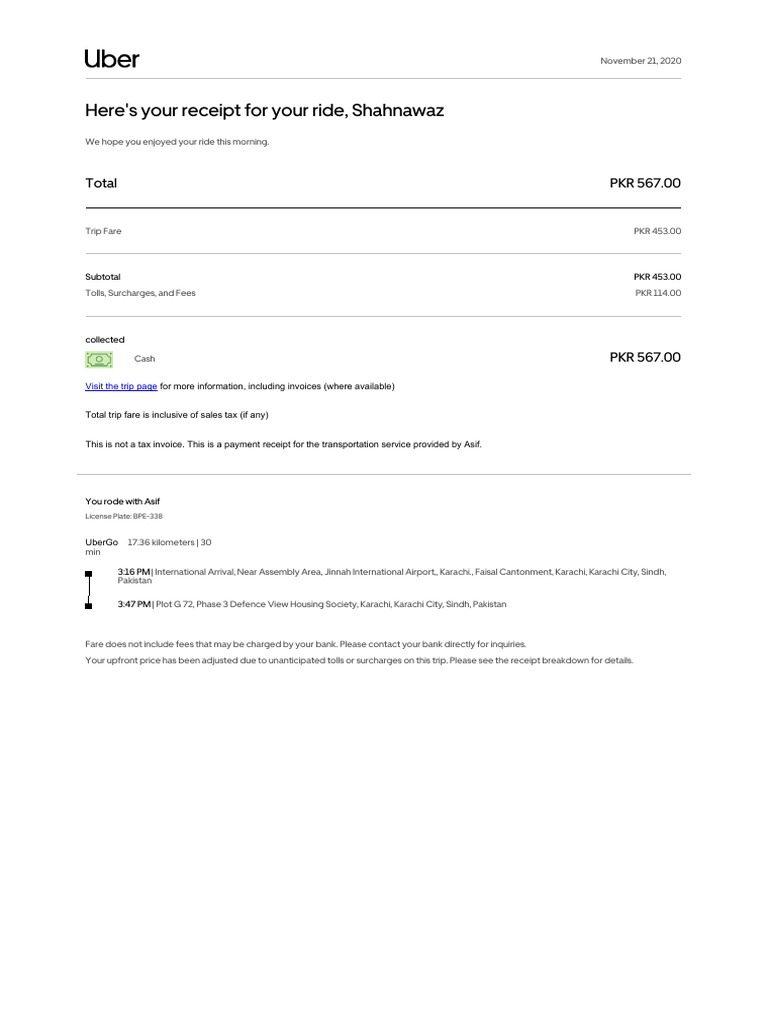 Here's Your Receipt For Your Ride, Shahnawaz: Total PKR 567.00 | PDF