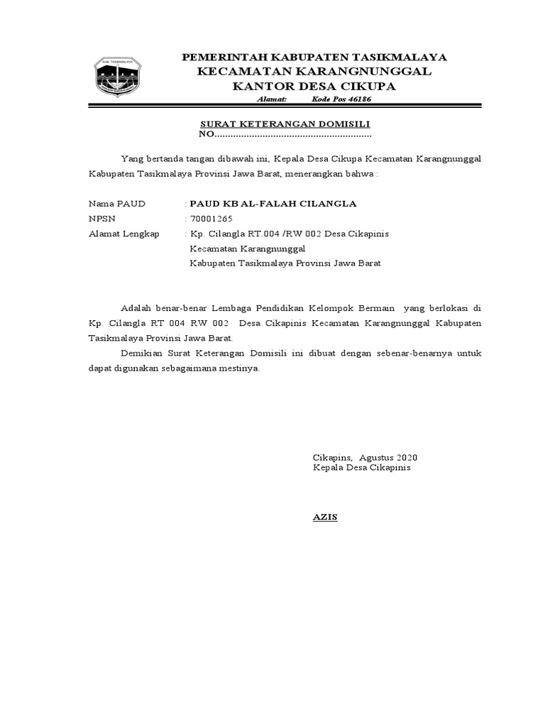 Domisili PAUD ALFALAH CILANGLA | PDF