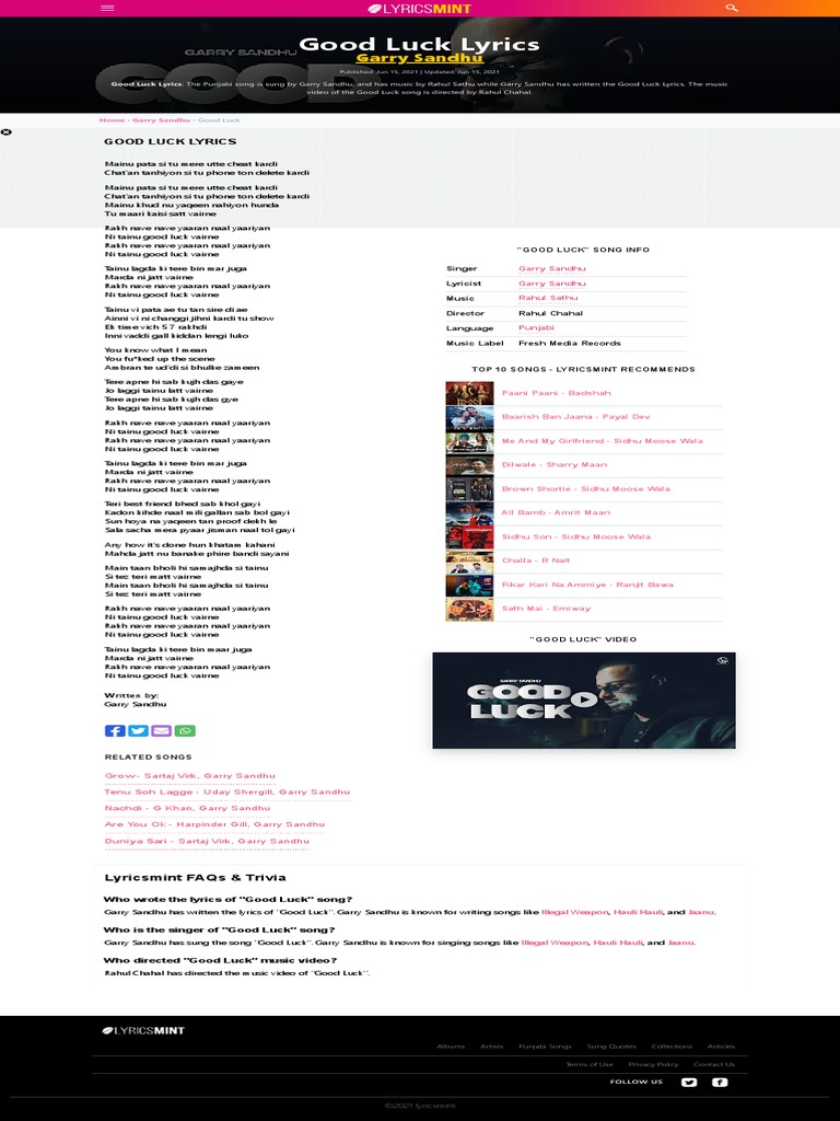 GOOD LUCK LYRICS - Garry Sandhu | PDF | Entertainment (General)