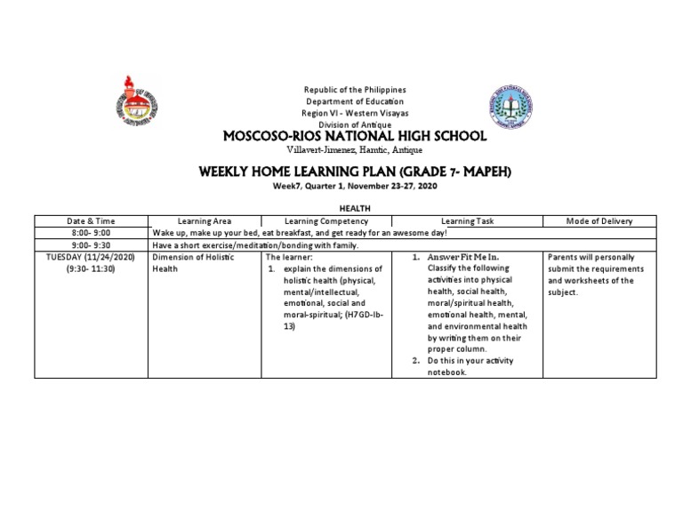 Moscoso-Rios National High School Weekly Home Learning Plan (Grade 7 ...