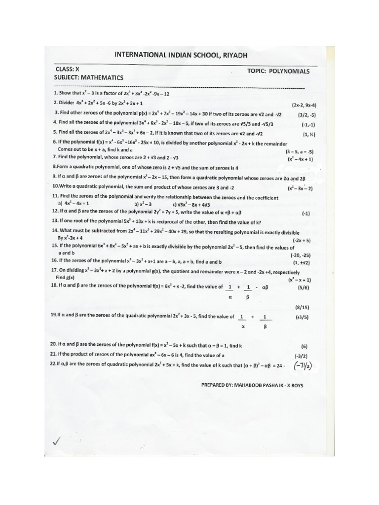 CBSE Class 10 Maths Worksheet - Polynomials | PDF