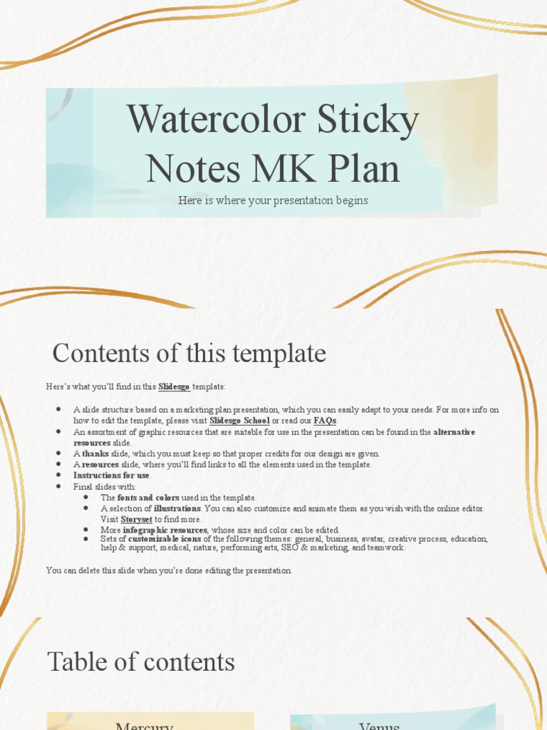 Watercolor Sticky Notes MK Plan by Slidesgo | PDF | Planets | Solar System