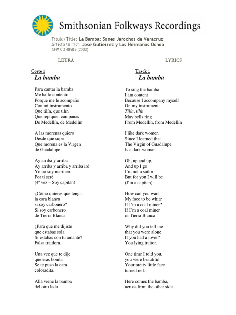 Letra Completa de La Bamba | PDF | La Bamba (Canción) | Entretenimiento ...