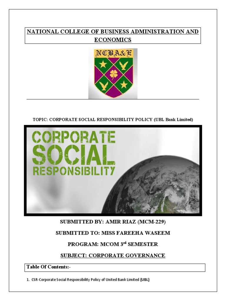 CSR Assignment of UBL Bank | PDF | Corporate Social Responsibility | Committee