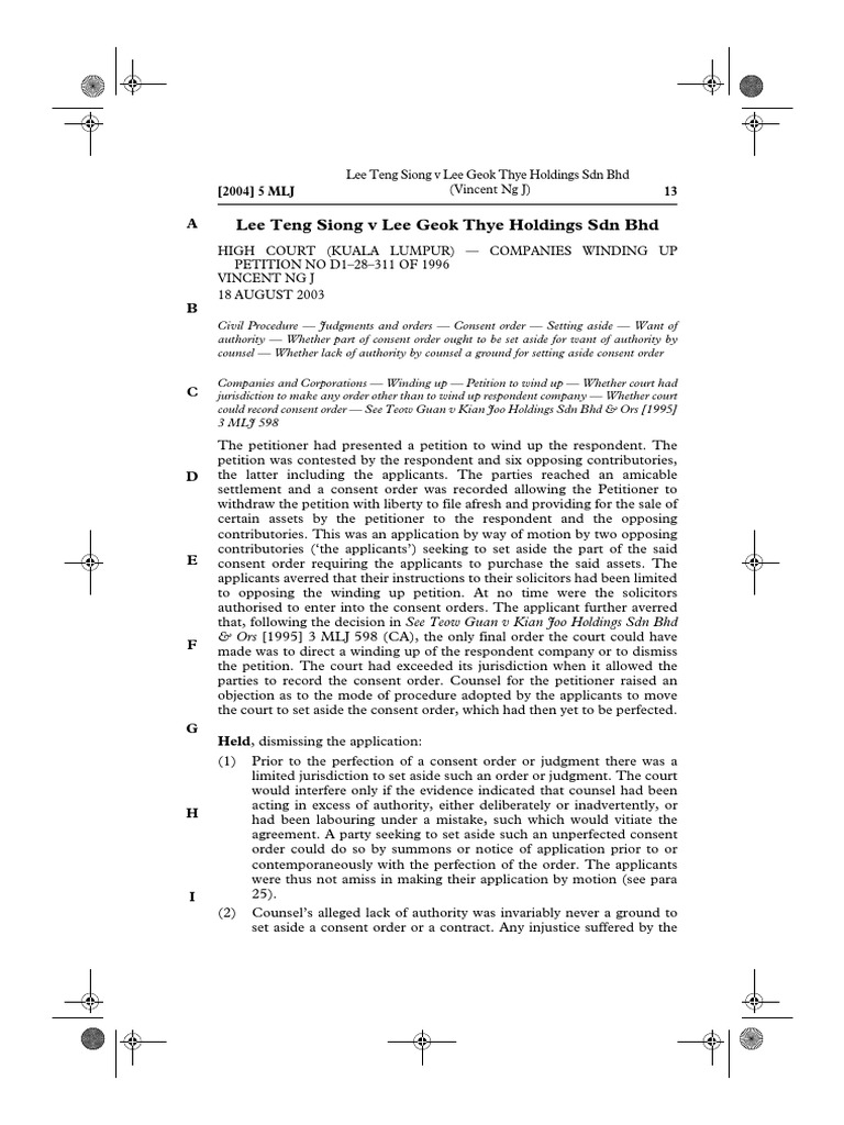 LEE TENG SIONG V LEE GEOK THYE HOLDINGS SDN BHD | PDF | Liquidation ...
