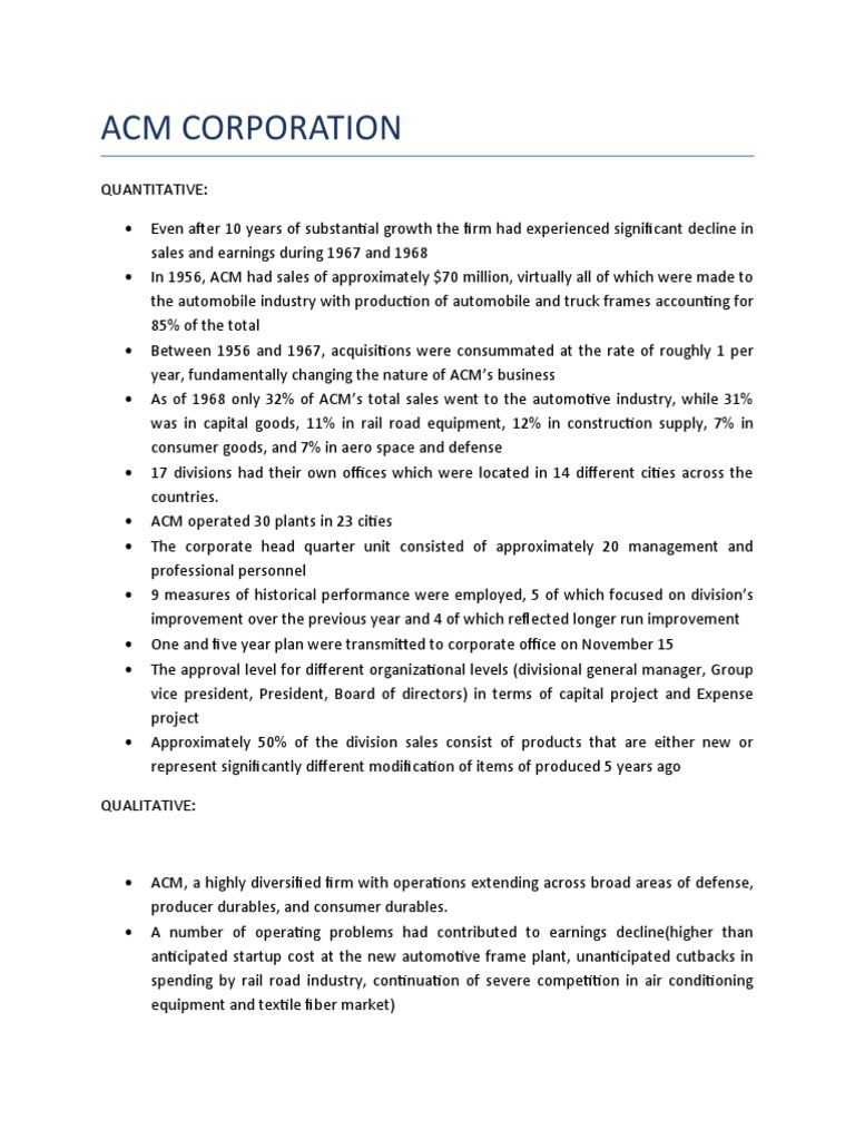 An Analysis of ACM Corporation's Strategy, Organizational Structure ...