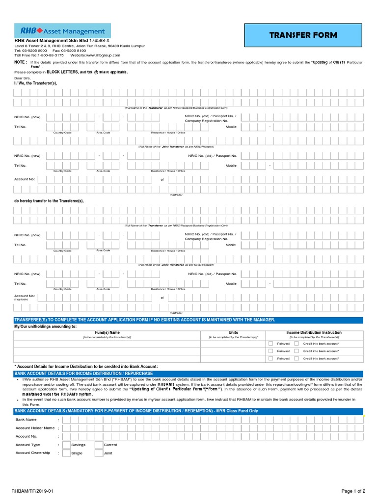 Transfer Form: RHB Asset Management SDN BHD 174588-X | PDF | Signature ...