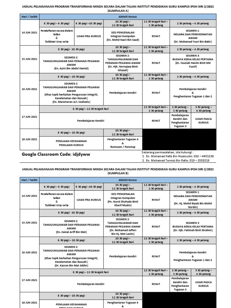 Jadual Pelaksanaan Program Transformasi Minda 2021 Institut Pendidikan ...