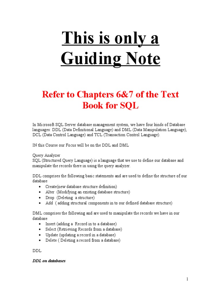 This Is Only A Guiding Note: Refer To Chapters 6&7 of The Text Book For SQL | PDF | Boolean Data ...