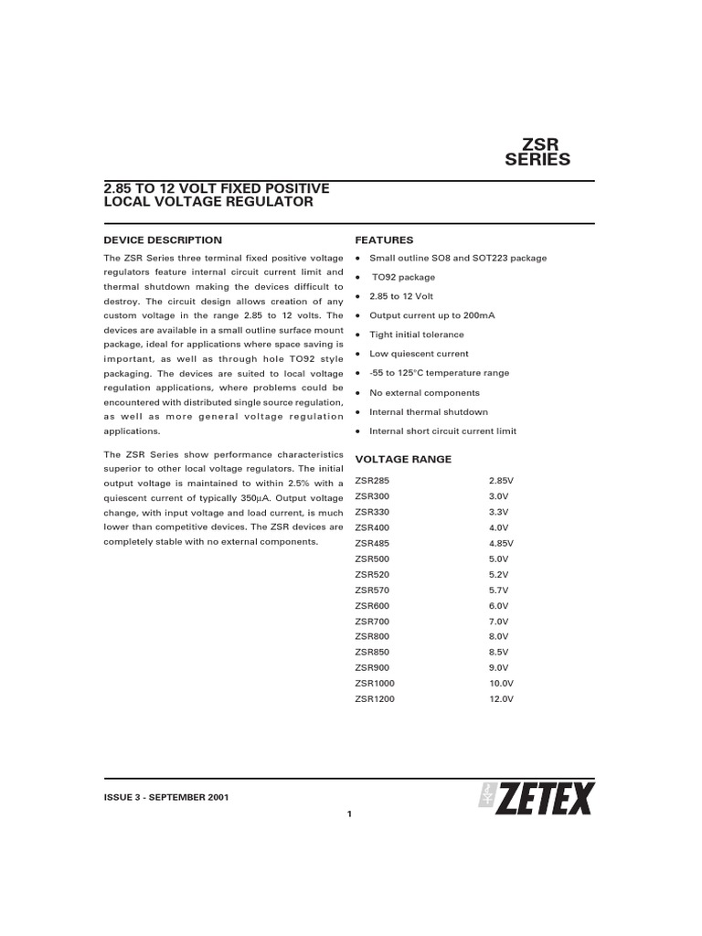 ZSR Series: 2.85 To 12 Volt Fixed Positive Local Voltage Regulator ...