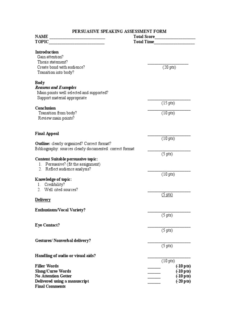 Persuasive Speaking Assessment Form | PDF | Cognitive Science ...