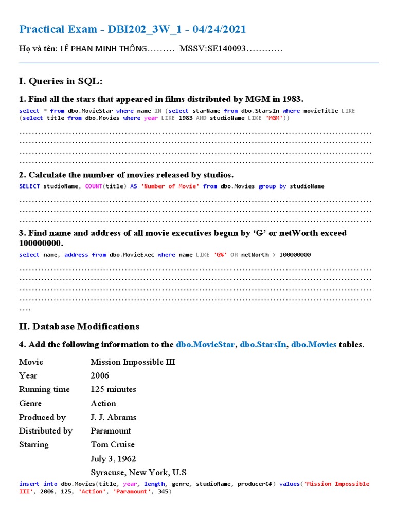 Practical Exam - DBI202 - 3W - 1 - 04/24/2021: I. Queries in SQL | PDF ...