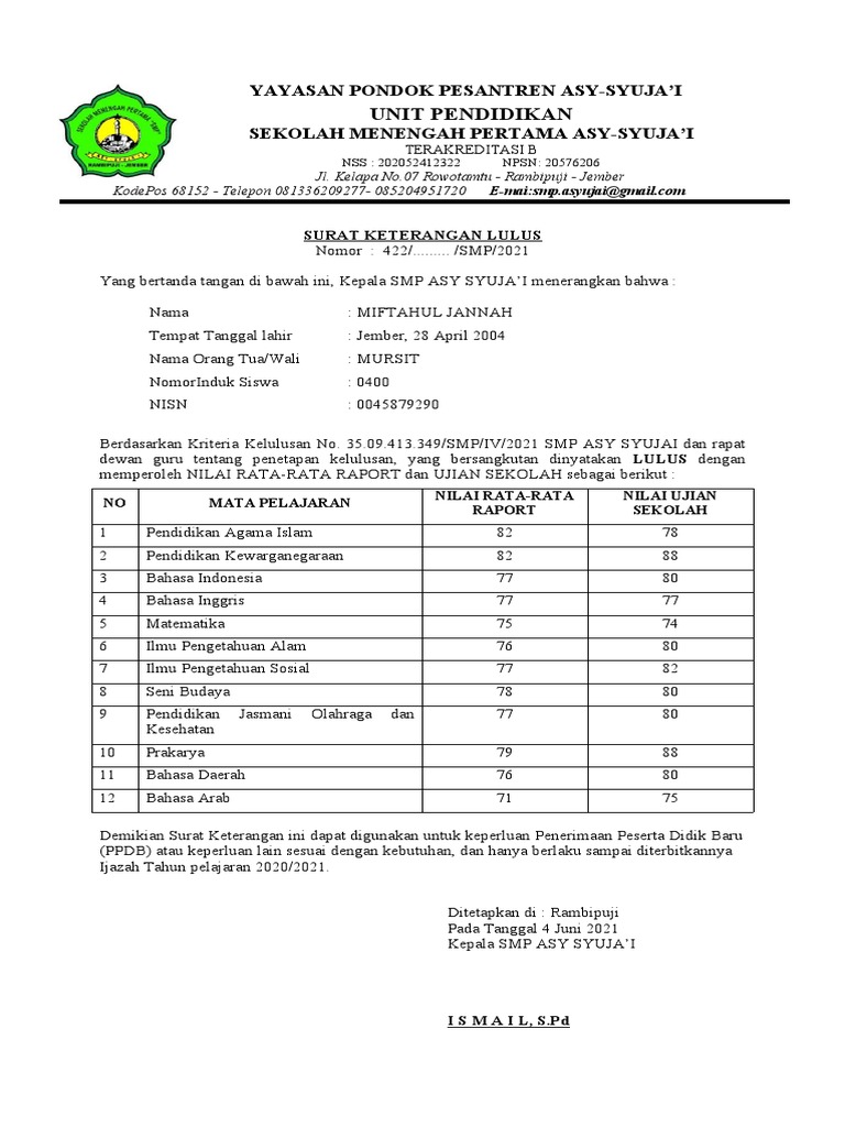 Contoh Surat SKL SMP 2021 | PDF