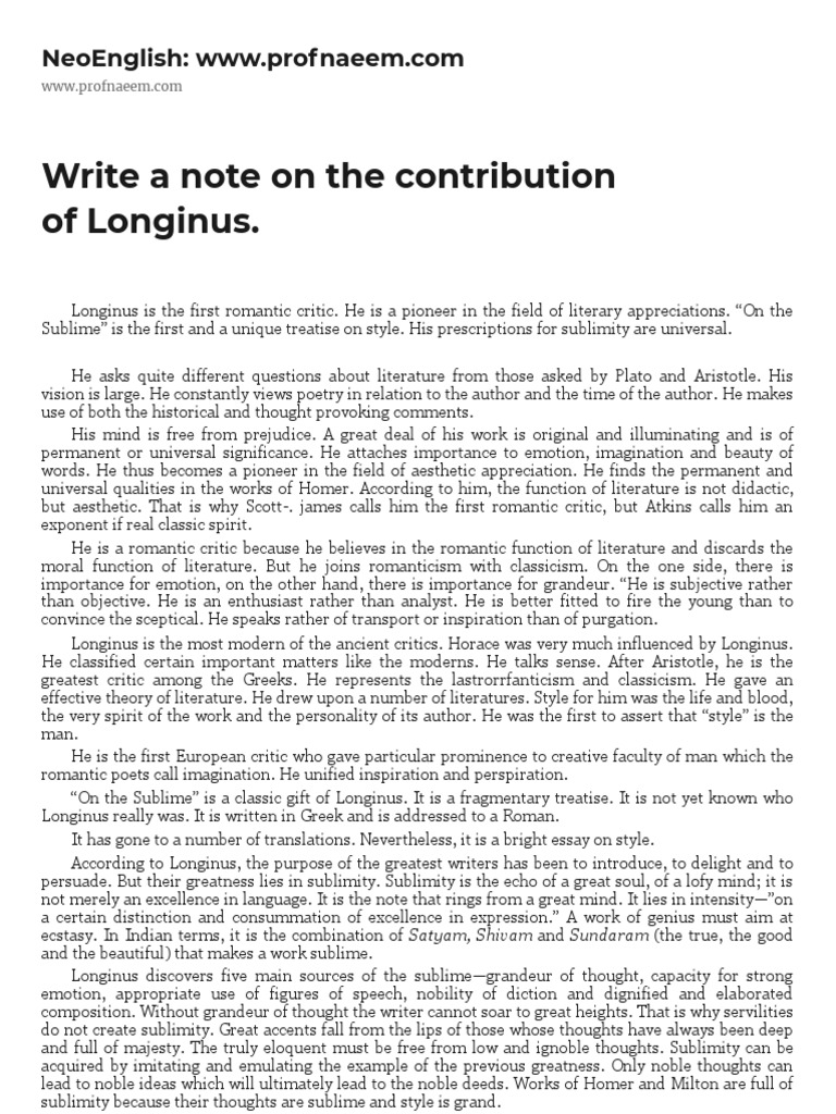Write A Note On The Contribution of Longinus. - NeoEnglish | PDF | Poetry | Science