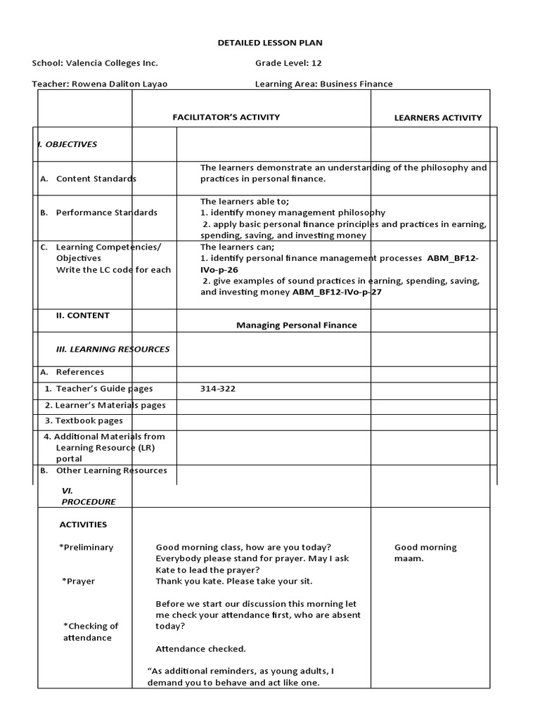 Detailed Lesson Plan | PDF | Investing | Financial Plan