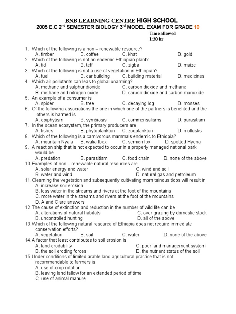 BNB Learning Centre High School: 2005 E.C 2 Semester Biology 3 Model ...