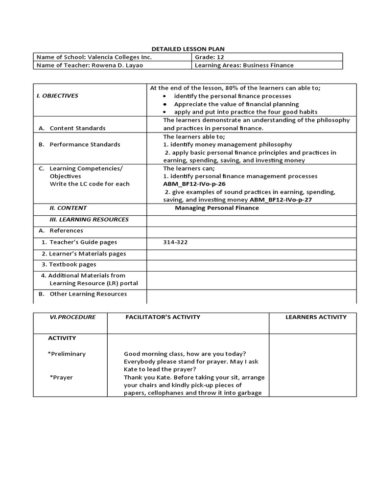 I. Objectives: Detailed Lesson Plan | PDF | Investing | Financial Plan