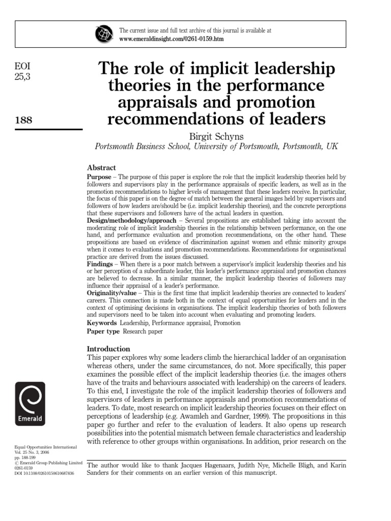 The Role of Implicit Leadership Theories in The Performance Appraisals ...
