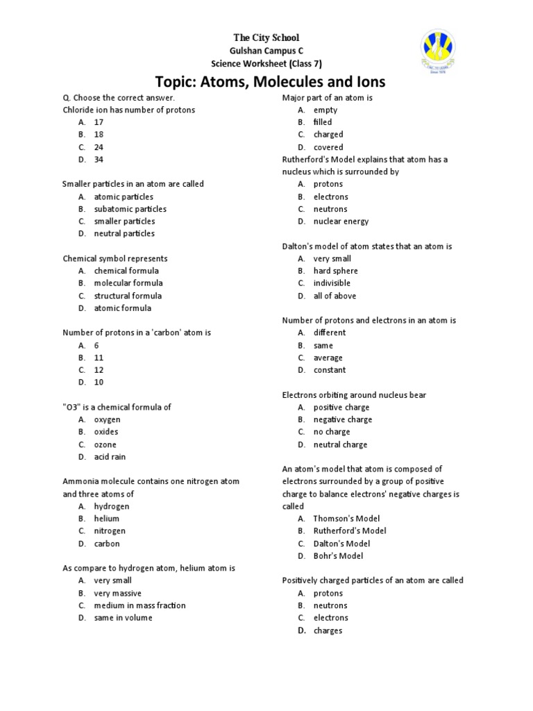 Class 7 Science: Atoms & Ions Quiz | PDF | Atoms | Ion