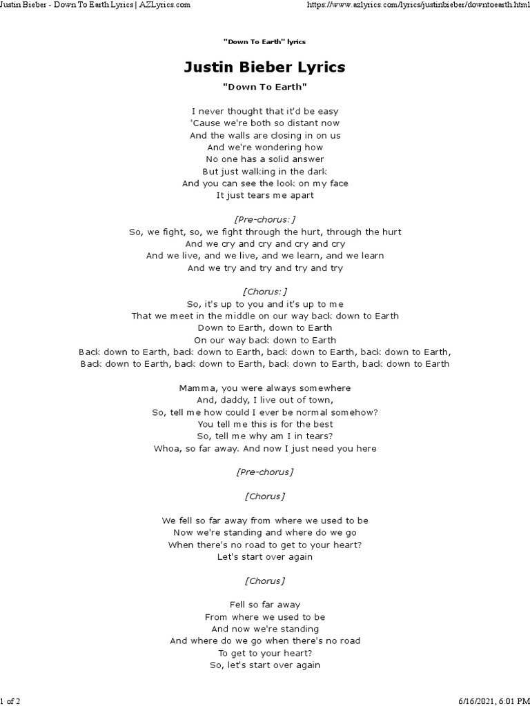 Justin Bieber Lyrics: "Down To Earth" Lyrics | PDF | Songs