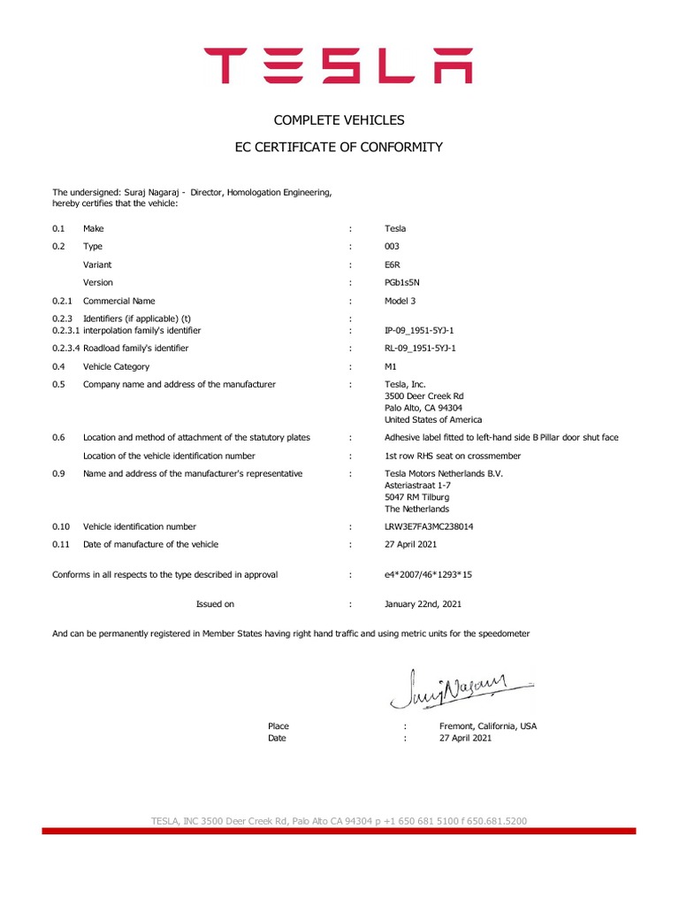 Certificate Of Conformity Tesla