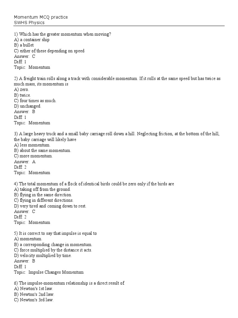 Momentum MCQ Practice | PDF | Momentum | Newton's Laws Of Motion