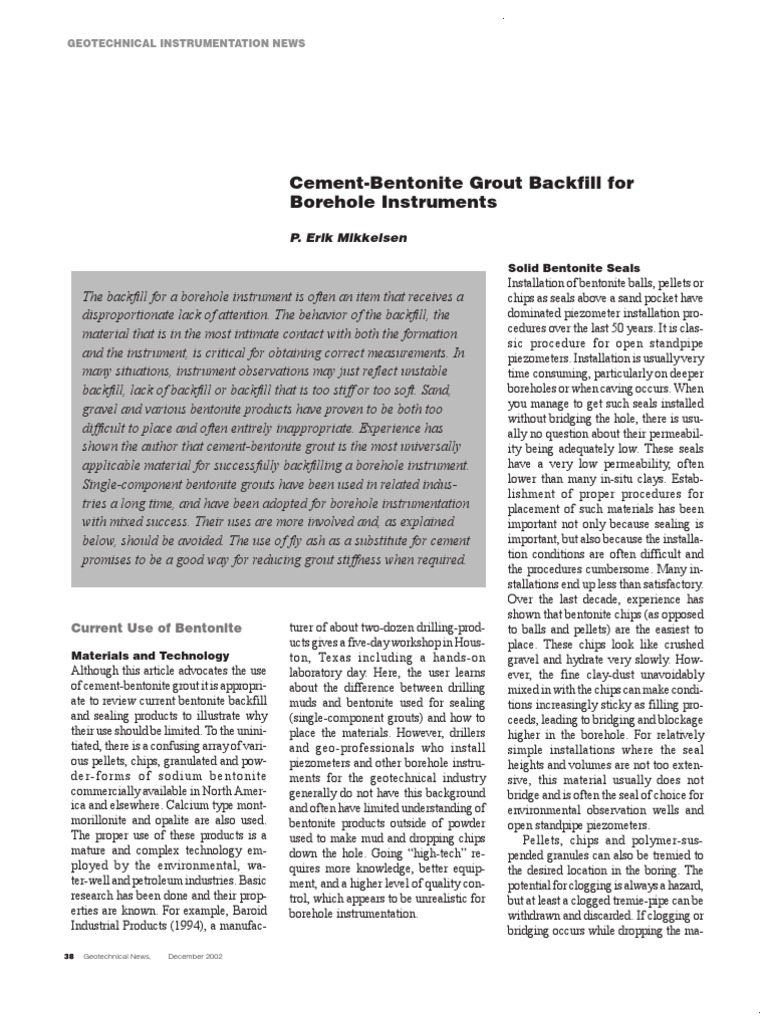 Cement Bentonite Grout Backfill For Borehole Instruments | PDF ...