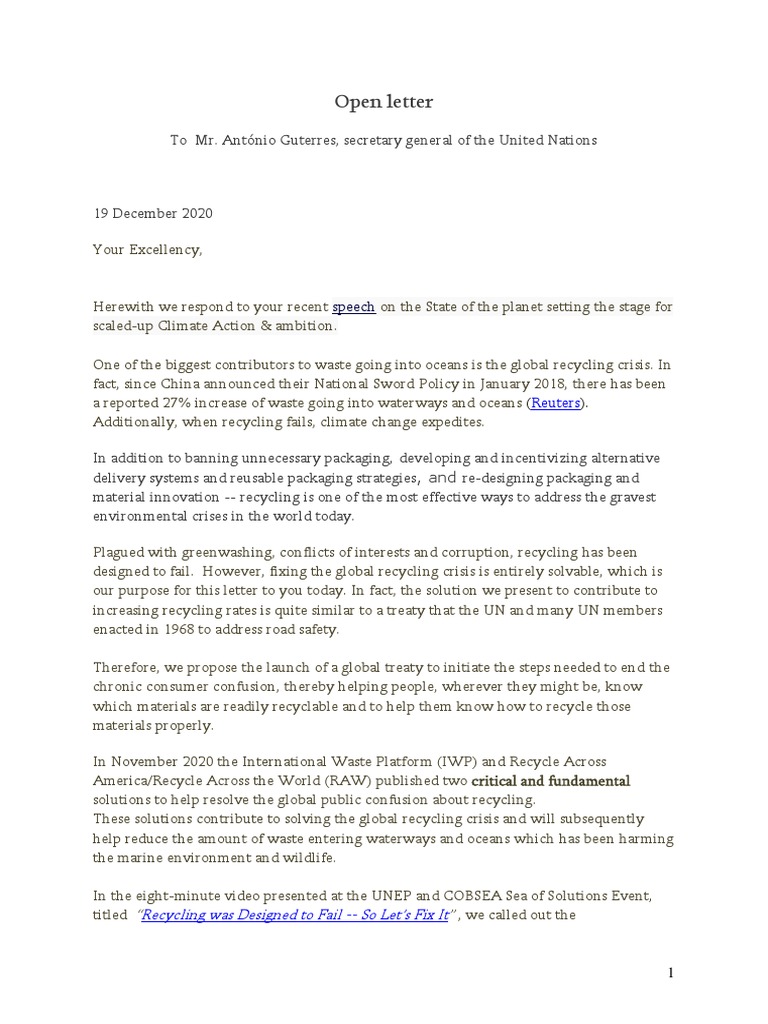 Open Letter To The UN 2020 | PDF | Recycling | Waste Management