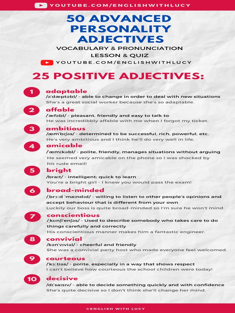 50 Advanced Adjectives | PDF | Self-Improvement