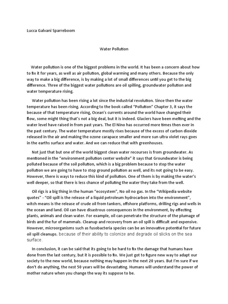 Water Pollution Essay | PDF | Oil Spill | Environmental Issues