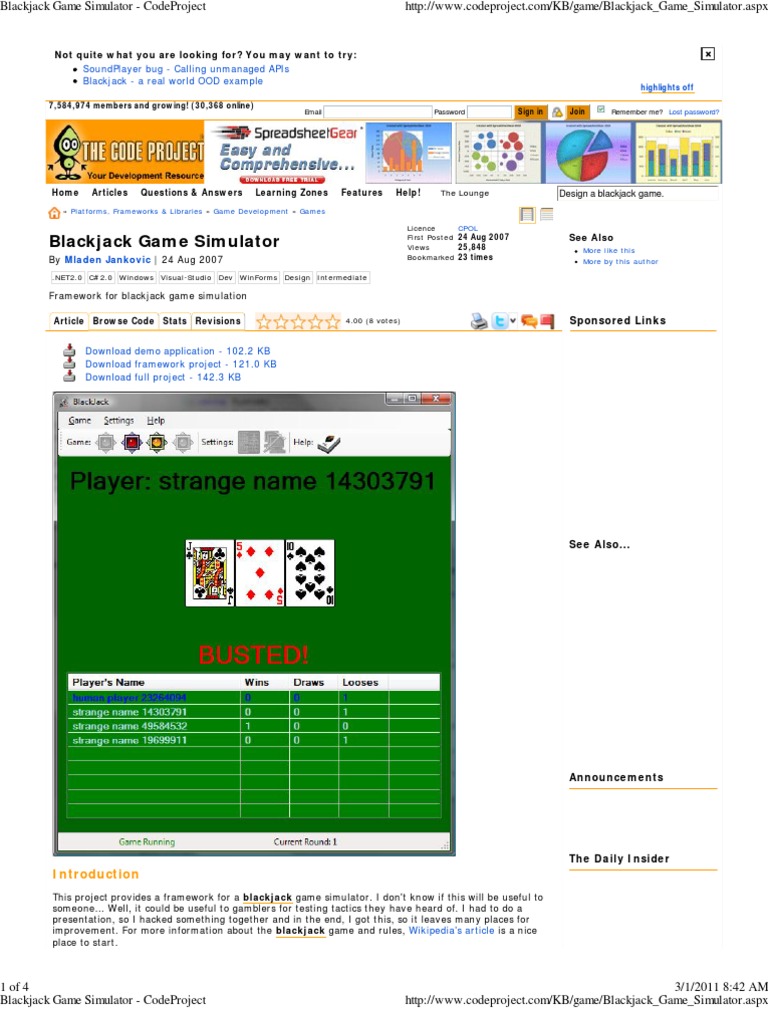 Blackjack Game Simulator Codeproject Class Computer