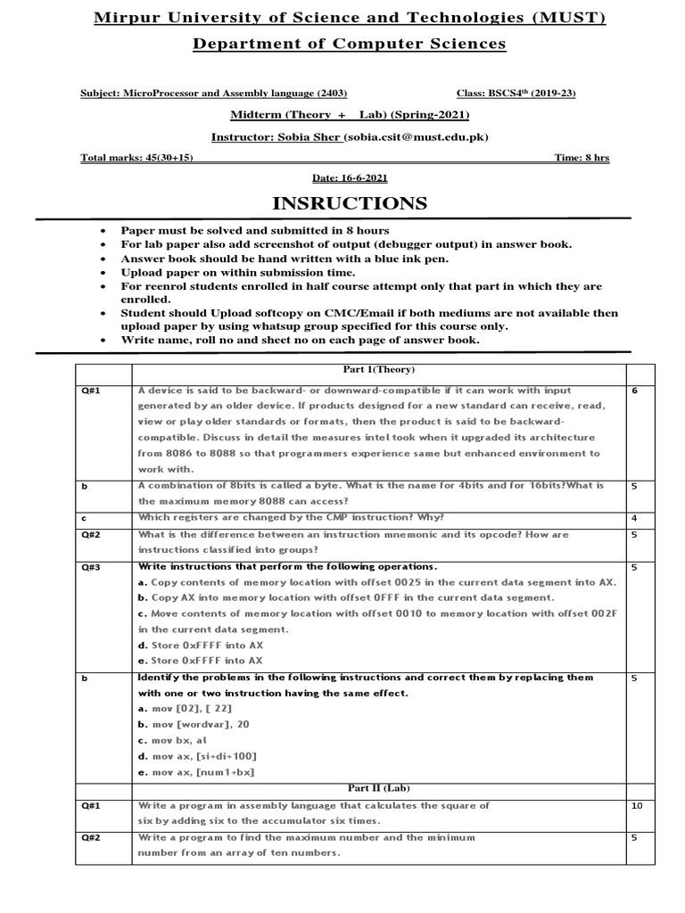 Insructions: Midterm (Theory + Lab) (Spring-2021) Instructor: Sobia Sher (Sobia - Csit@must ...