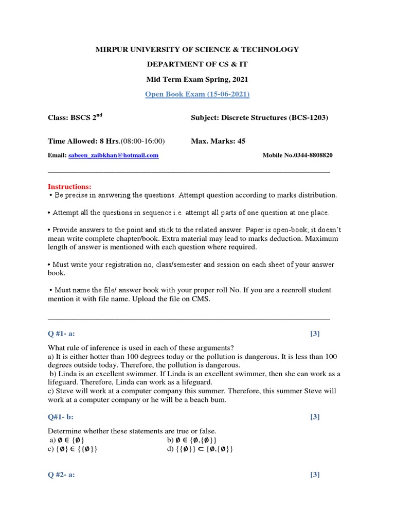Discrete Structures Midterm Exam 2021 | PDF | Logic | Mathematical Logic