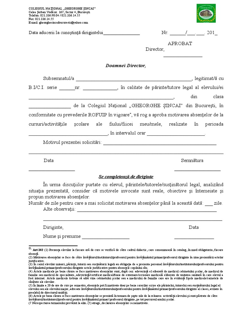 Model Cerere Motivare Absente 2017 | PDF