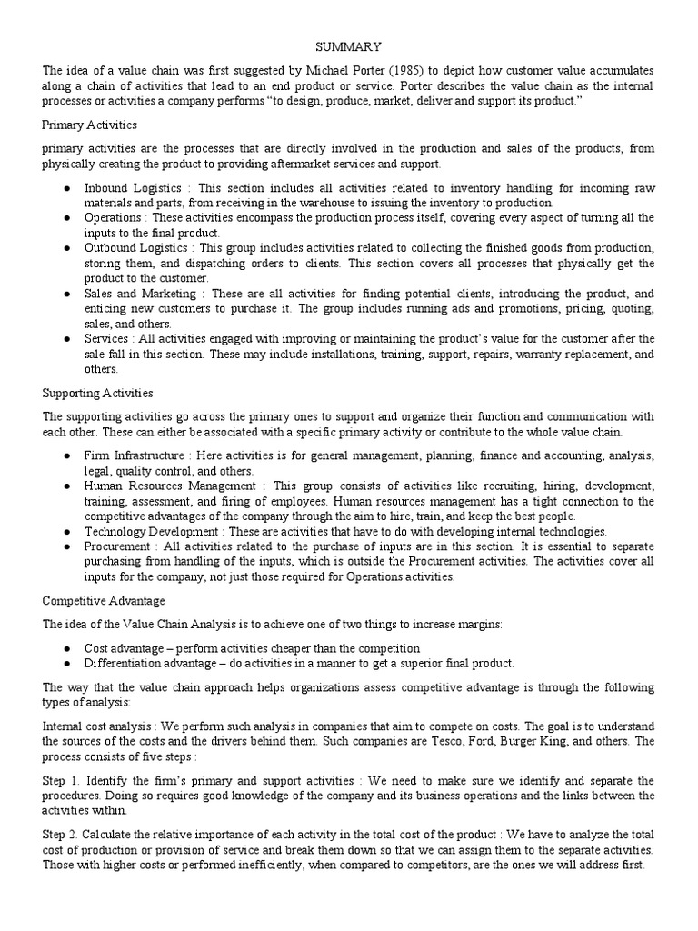 Article Summary of Value Chain Analysis For Assessing Competitive ...