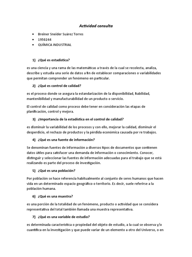 Estadística Breiner Sneider Suárez Torres 1950244 | PDF | Nivel de medida | Población