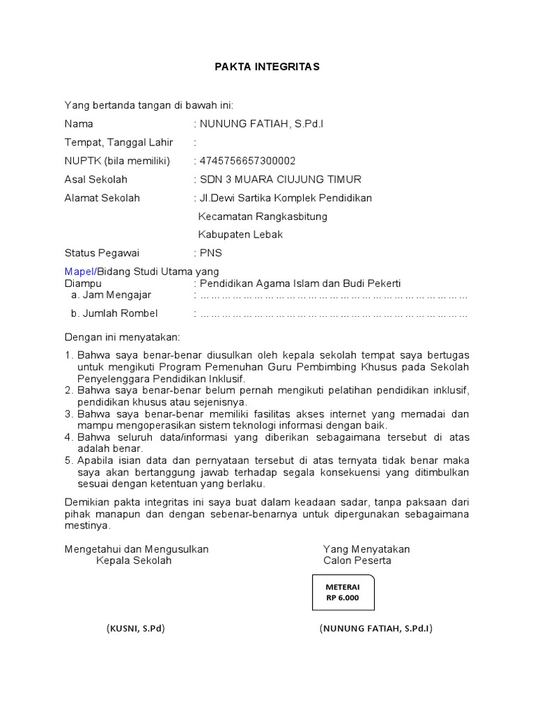 Format Pakta Integritas Bimtek GPK Rev1 | PDF