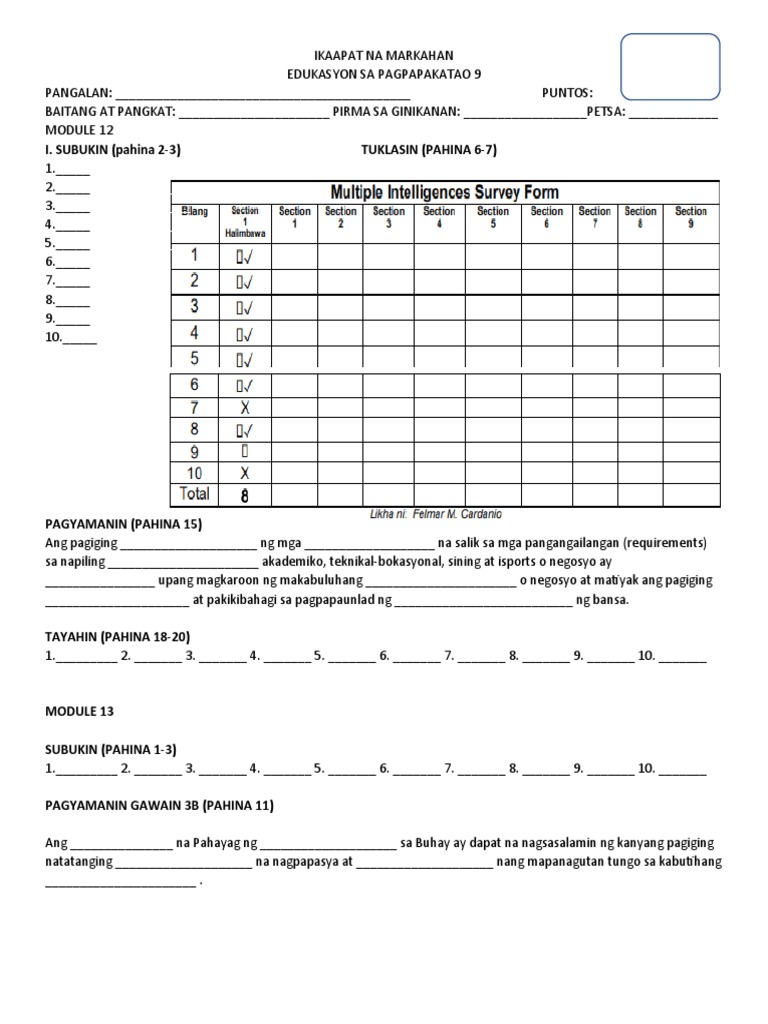 4th Esp 9 Answer Sheet A | PDF