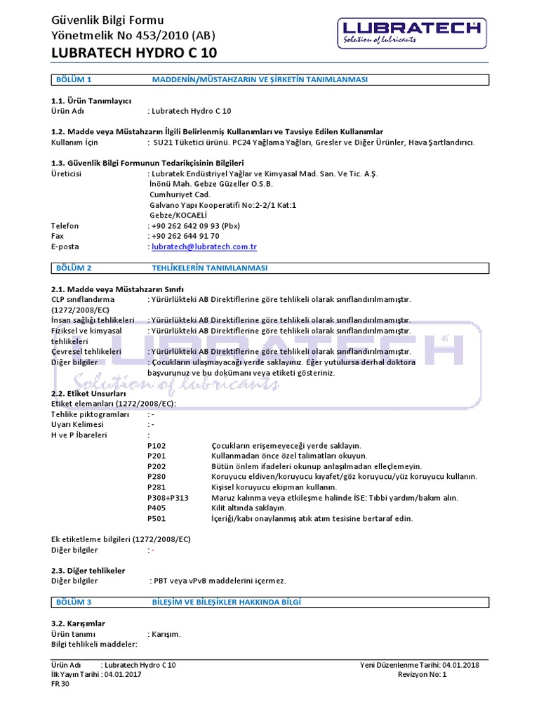 TR - Msds.lubratech Hydro C 10 | PDF