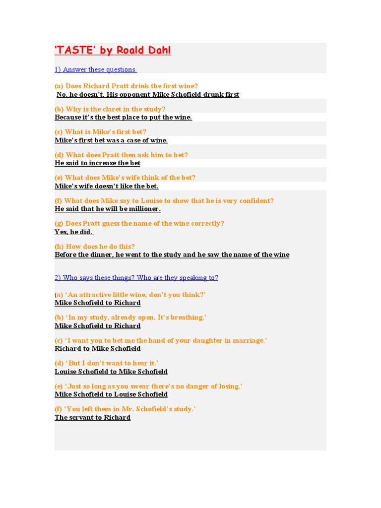 TASTE' by Roald Dahl: 1) Answer These Questions | PDF