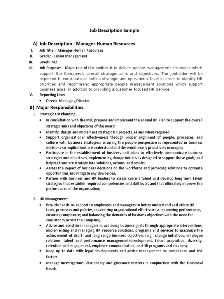 Job Description Sample A) Job Description - Manager-Human Resources ...