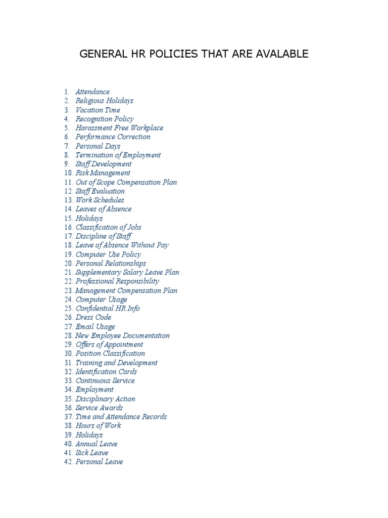 General HR Policies That Are Avalable | PDF