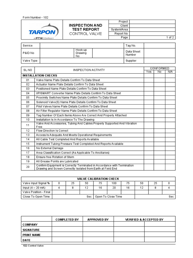 Form No. 102 - Control Valve | PDF | Valve | Calibration