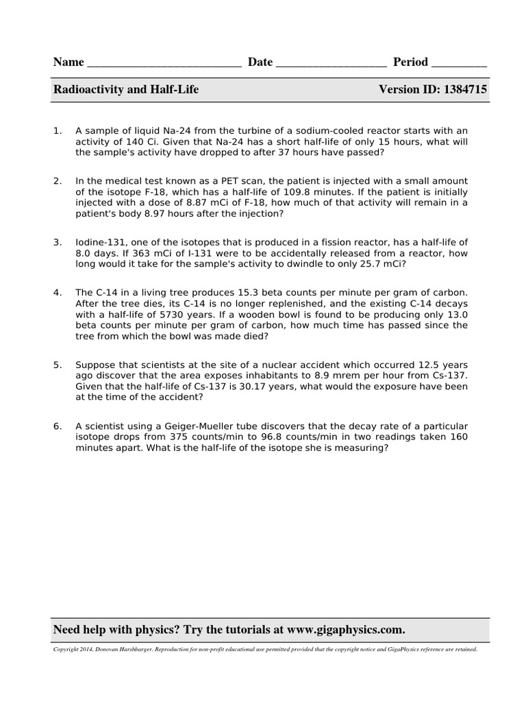 Radioactivity and Half-Life From GigaPhysics | PDF | Radiocarbon Dating ...