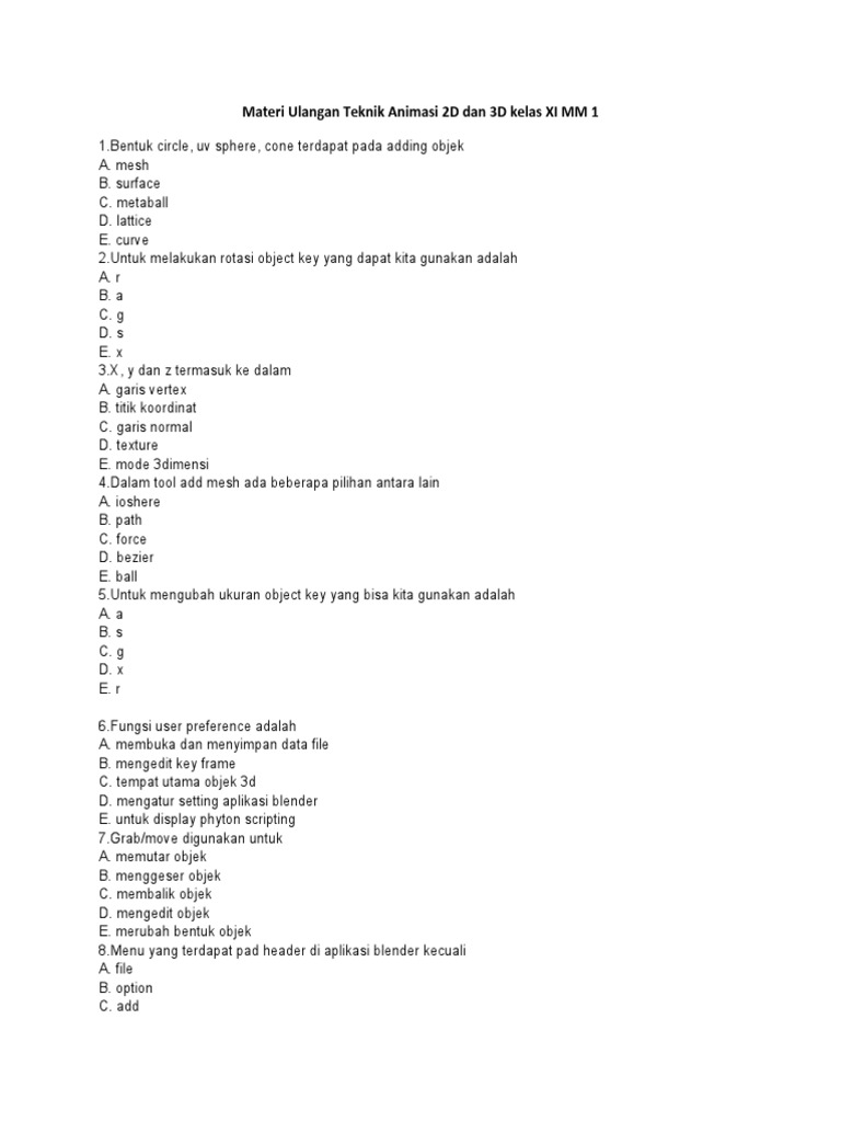 Materi Ulangan Teknik Animasi 2d Dan 3d Kelas Xi MM 1 | PDF