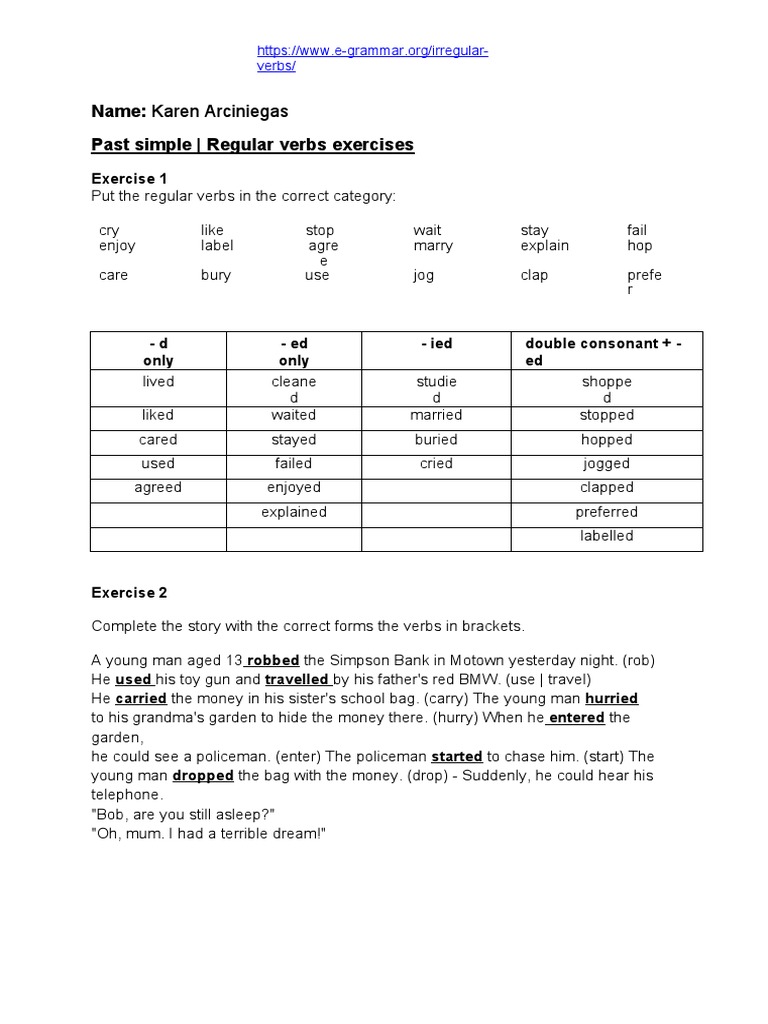 Past Simple Regular Verbs Exercises | PDF