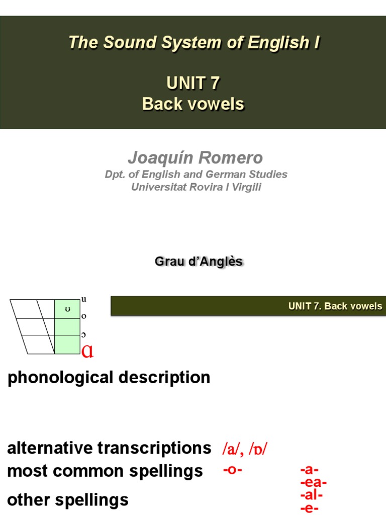 The Sound System of English I: Unit 7 Back Vowels | PDF | Vowel | Languages