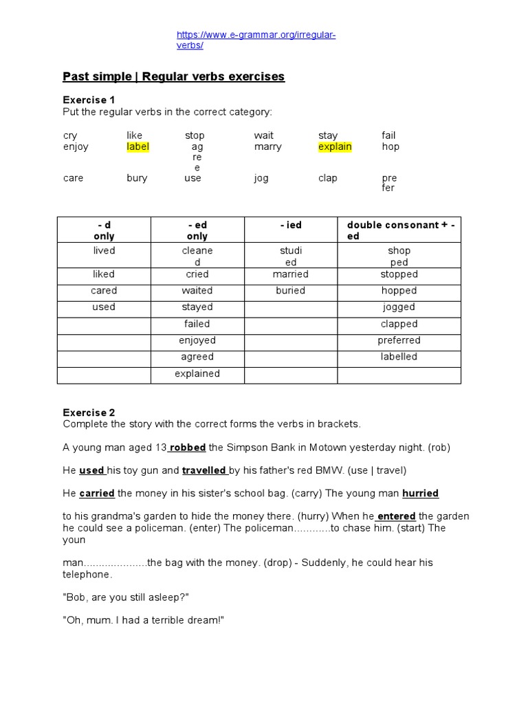 Past Simple - Regular Verbs Exercises: Exercise 1 | PDF