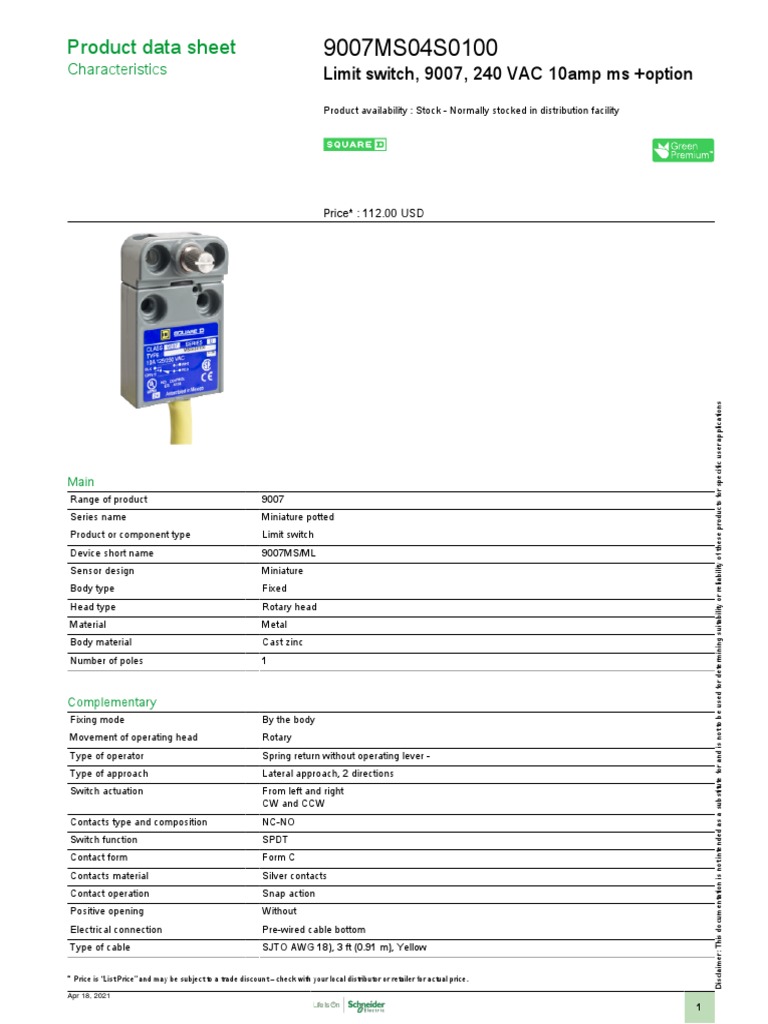 Industrial Limit Switch Specs | PDF | Switch | Electromagnetism